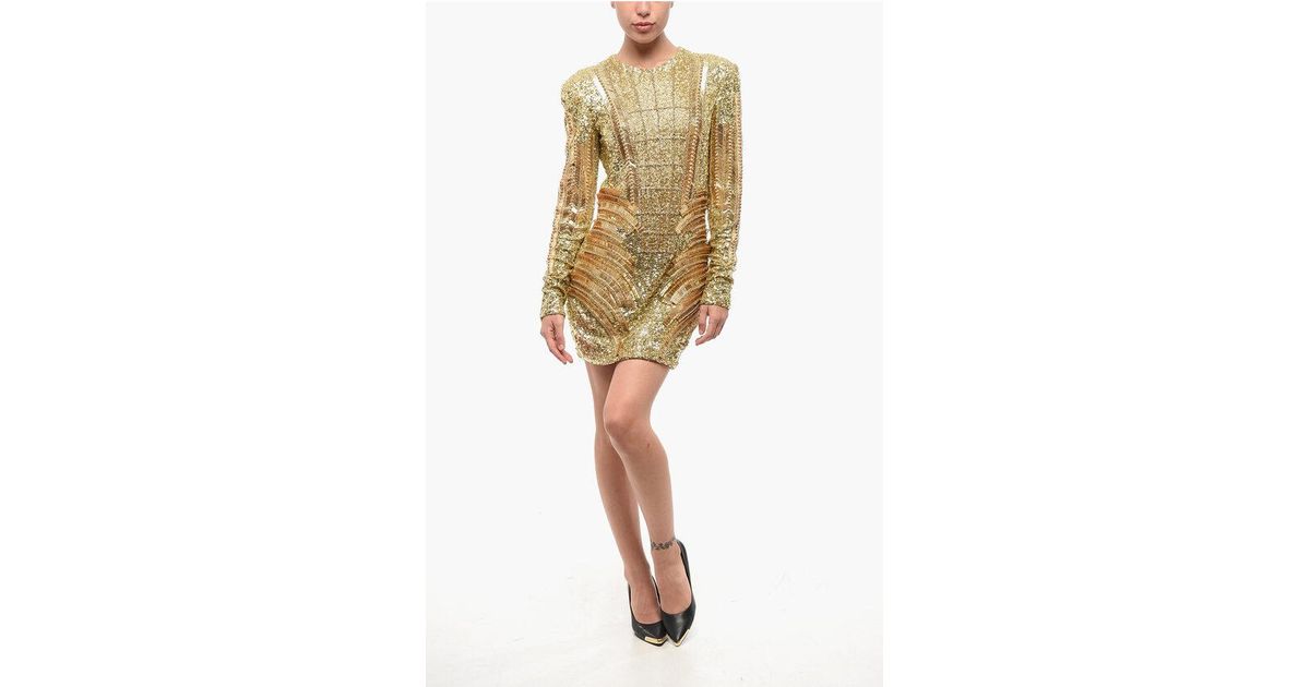 Balmain Golden Effect Mini Dress With Sequins And Beads in Yellow | Lyst UK