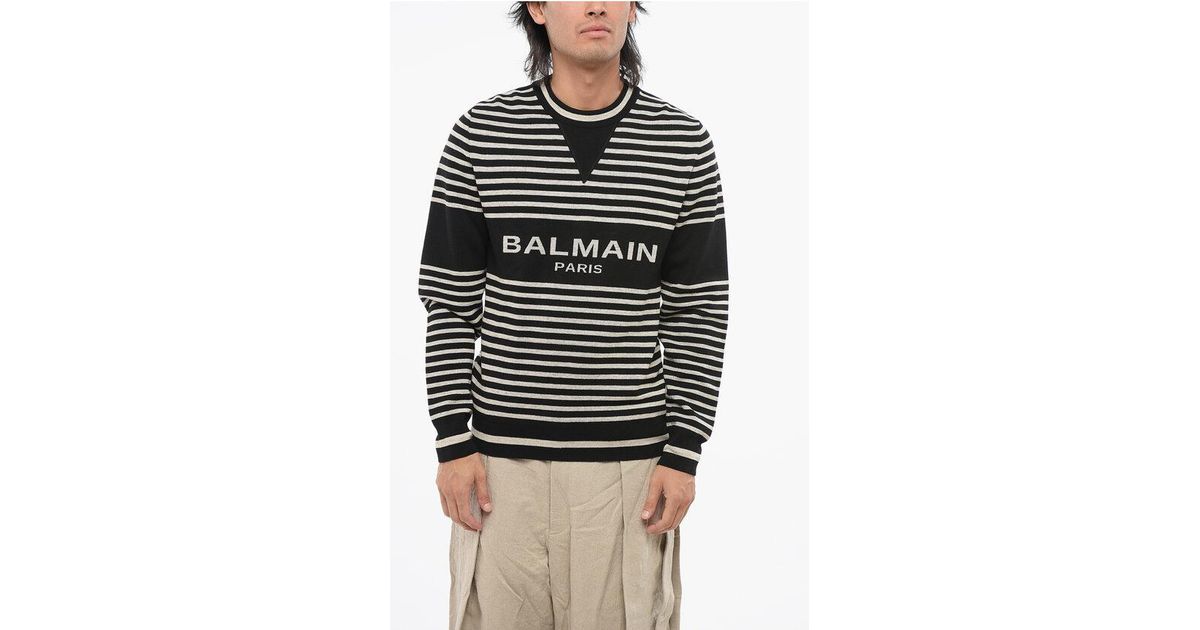 Balmain Striped Crew-Neck Sweater in Black for Men | Lyst UK