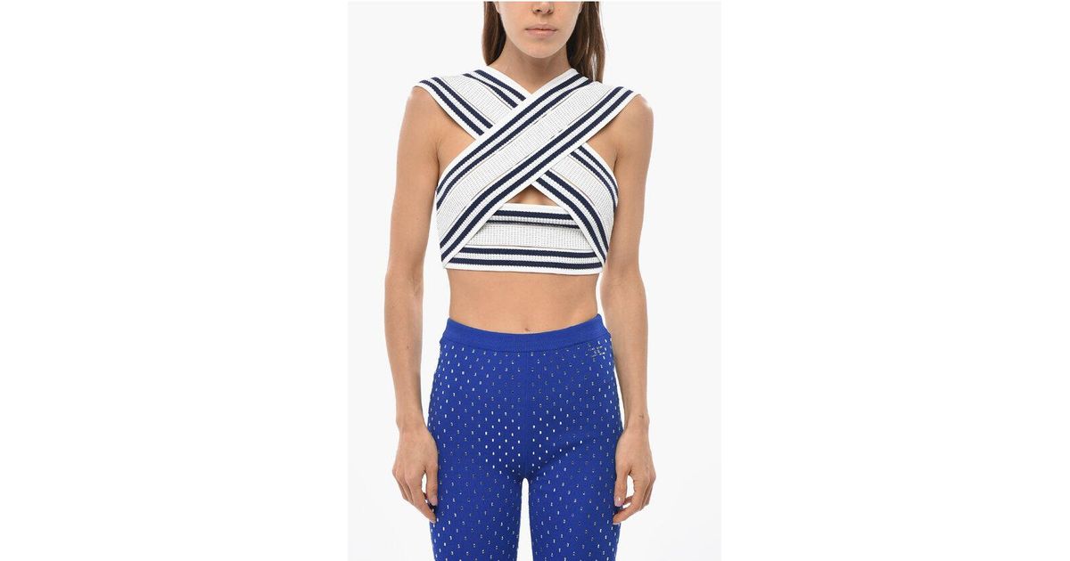 Balmain Two-Tone Cropped Top With Crossed Front in Blue | Lyst UK