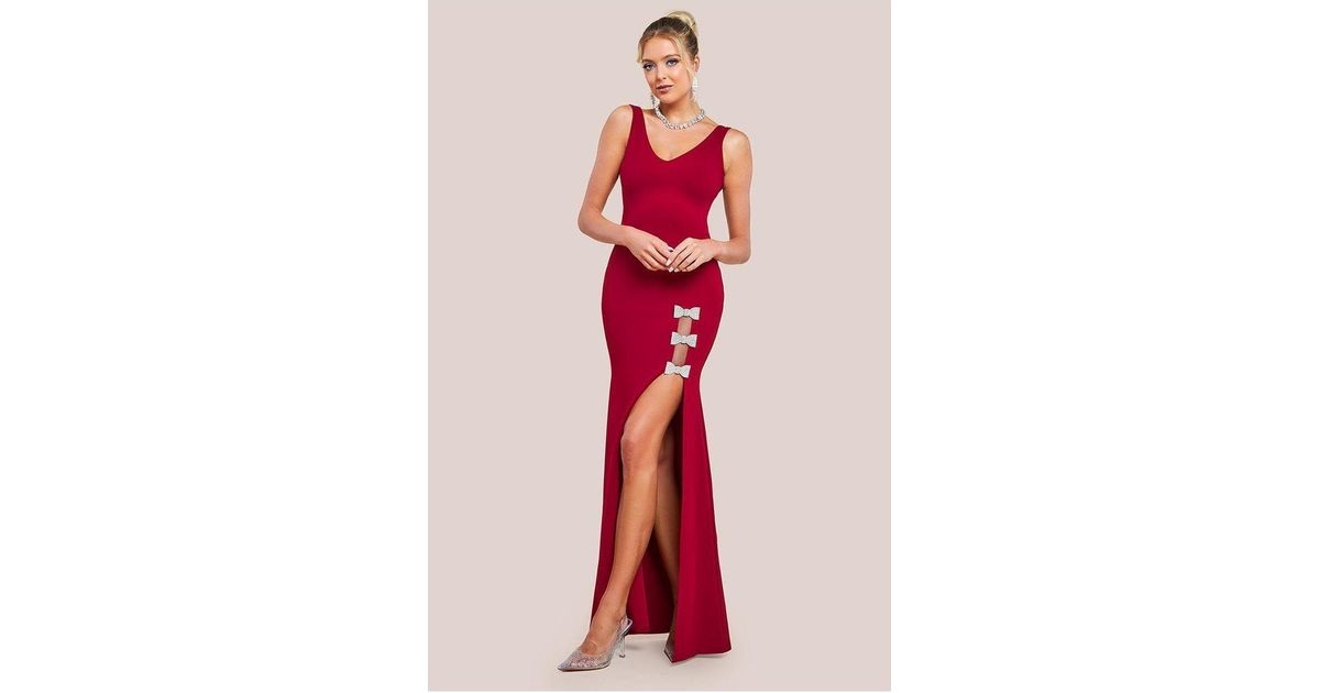 Goddiva Diamante Brooch Thigh Split Mermaid Maxi Dress in Red | Lyst