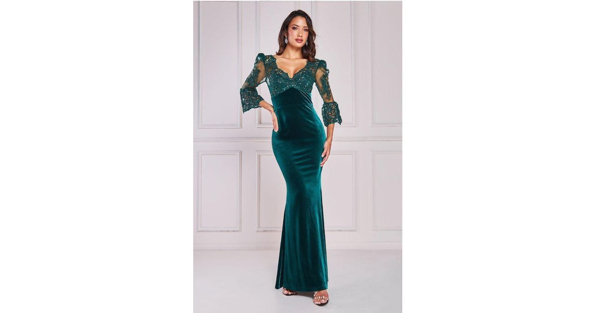 Goddiva Scalloped Lace & Velvet Maxi Dress in Green | Lyst