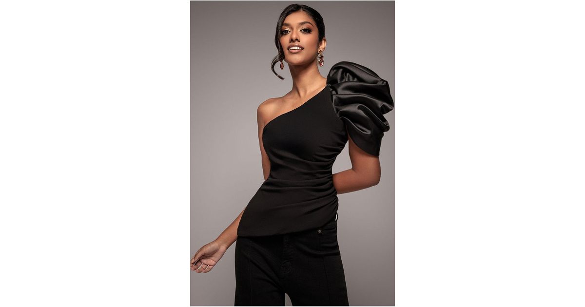 Goddiva One Shoulder Puffed Satin Sleeve Asymmetric Scuba Top in Gray ...