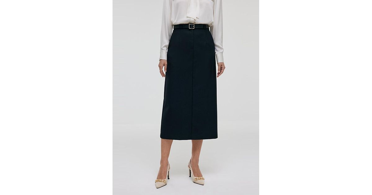 GOELIA Worsted Wool Column Skirt With Leather Belt in Blue | Lyst