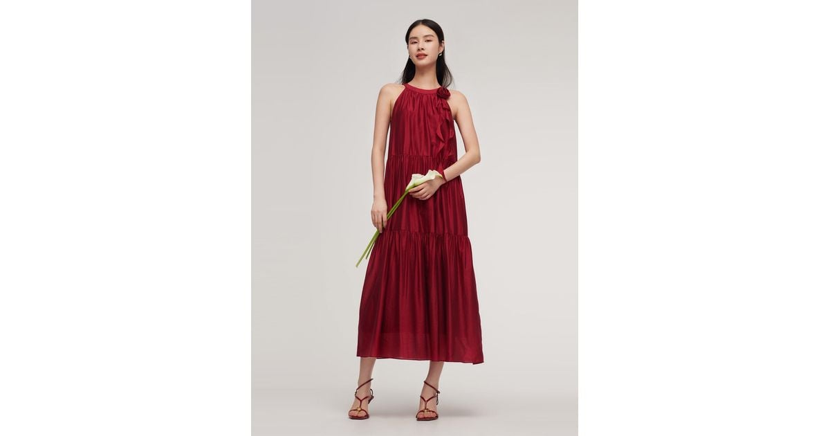 GOELIA Tencel Blend Halter Maxi Dress With Detachable Flower in Red | Lyst