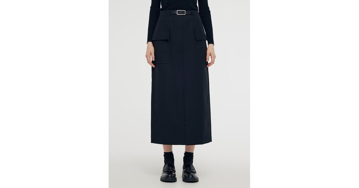 GOELIA Back Slit Column Midi Skirt With Belt in Blue | Lyst