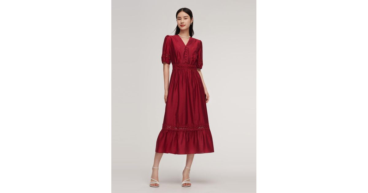 GOELIA Tencel Blend Lace Patchwork Maxi Dress in Red | Lyst