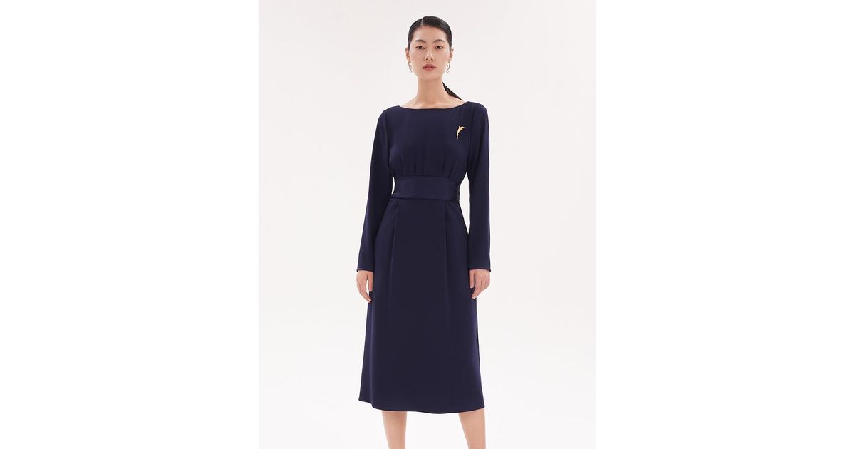 GOELIA Triacetate Slim Midi Dress With Brooch in Blue | Lyst