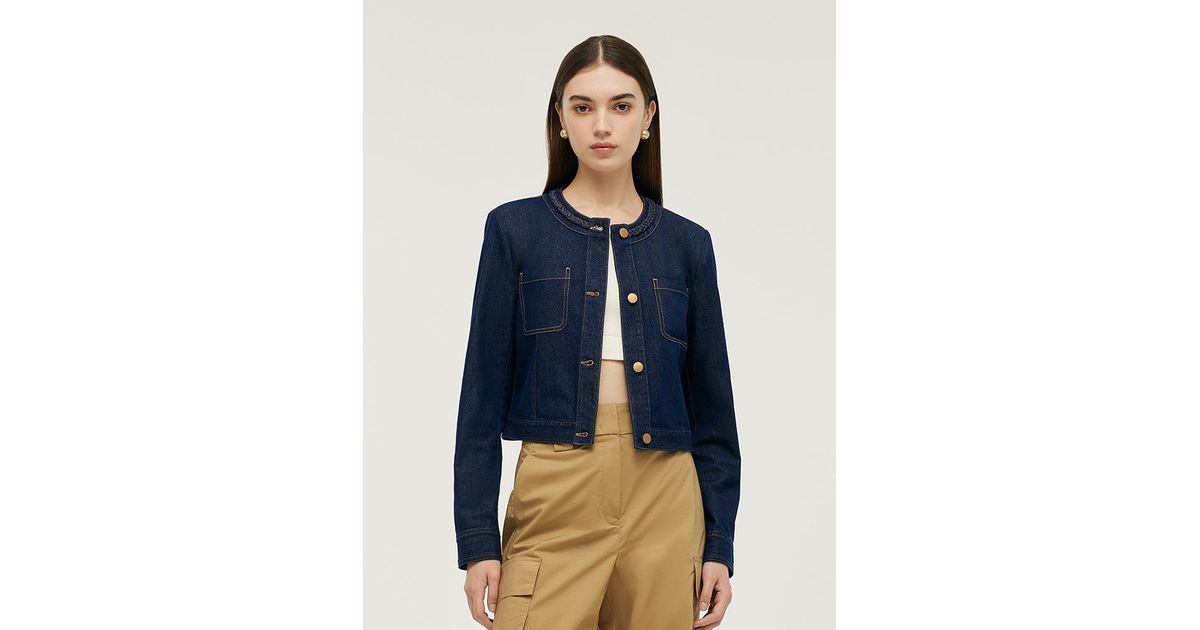 GOELIA Round Neck Crop Denim Jacket in Blue | Lyst