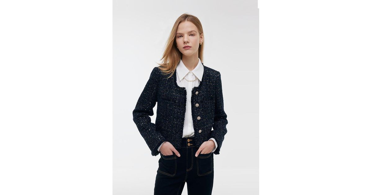 GOELIA Wool Blend Tweed Square Neck Crop Jacket in Blue | Lyst