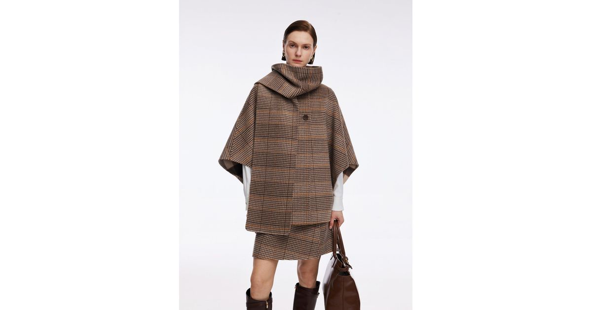 GOELIA Cashmere Wool Plaid Double-Faced Reversible Cape Coat With Scarf ...