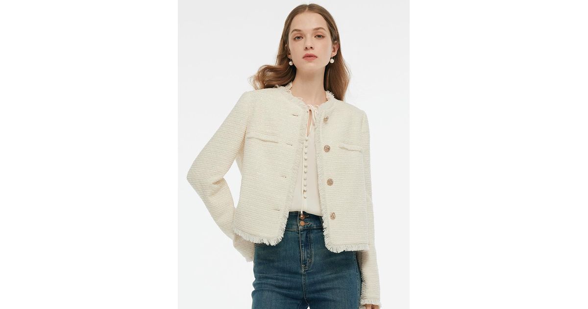 GOELIA Tweed Collarless Crop Jacket in White | Lyst