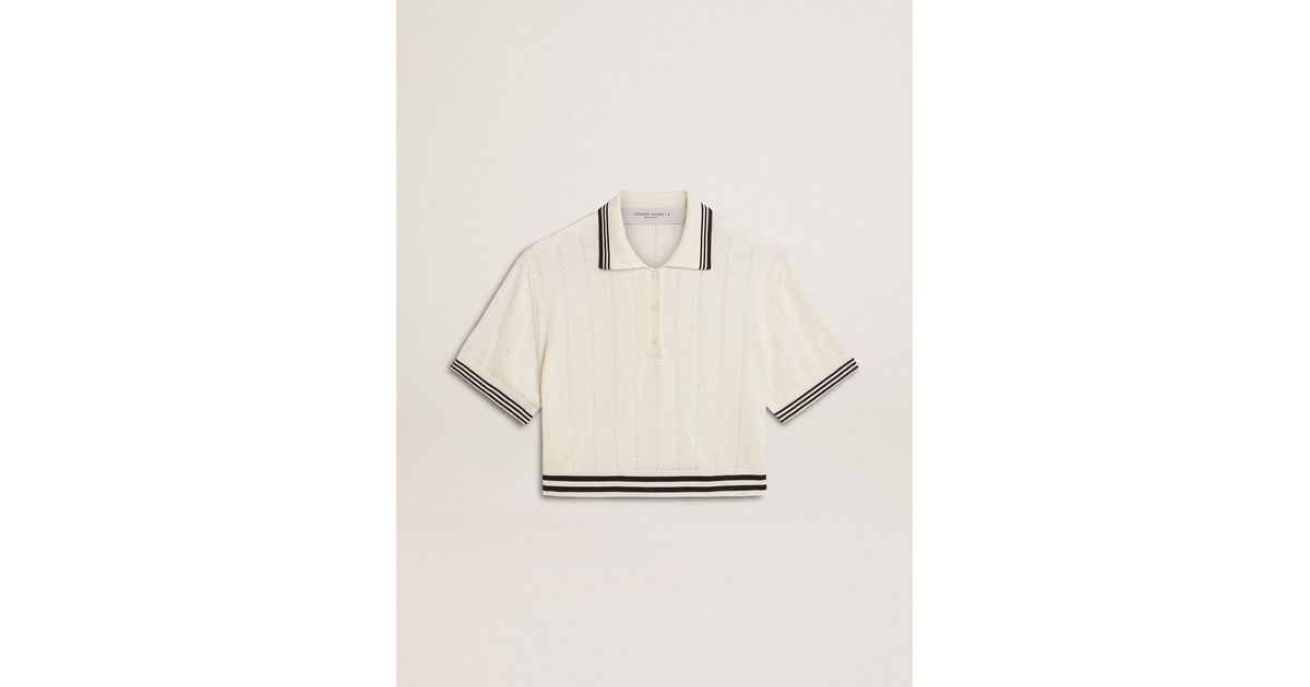 Golden Goose Cropped Worn- Cotton Polo Shirt With Ribbing in Natural | Lyst