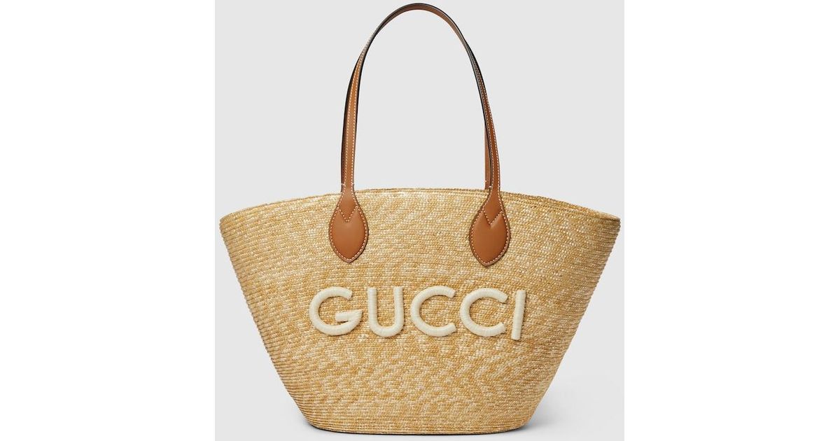Gucci Medium Straw Tote With Patch in Metallic | Lyst