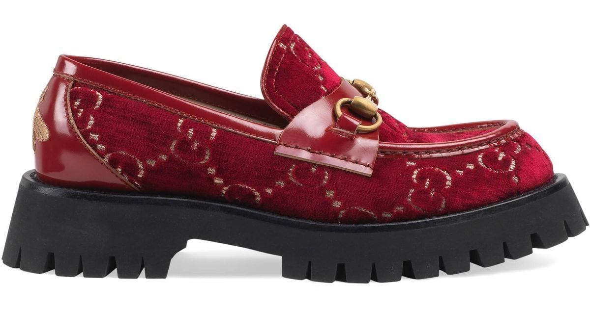 Gucci GG Velvet Lug Sole Loafers in Red | Lyst