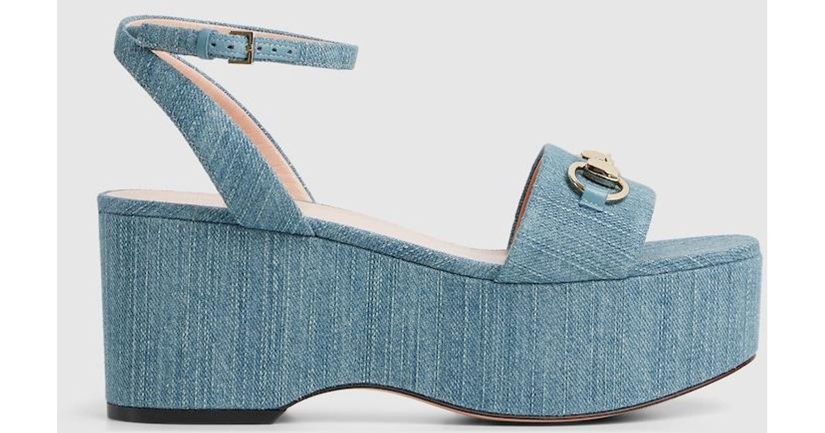 Gucci Horsebit Flatform Sandal, Fabric in Blue | Lyst