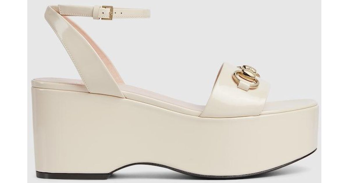 Gucci Horsebit Flatform Sandal in White | Lyst