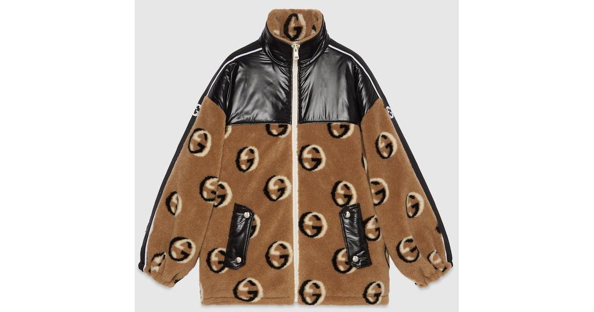 Gucci GG Wool Fleece Jacquard Zip Jacket in Brown | Lyst