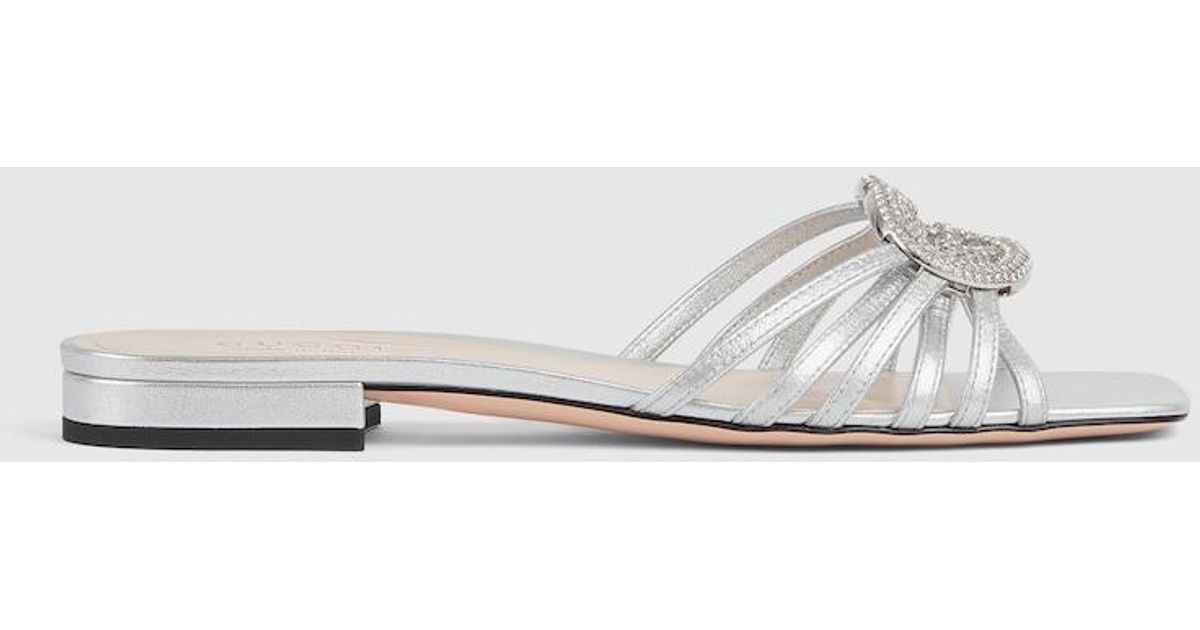 Gucci Slide With Crystal Interlocking G, Leather in White | Lyst