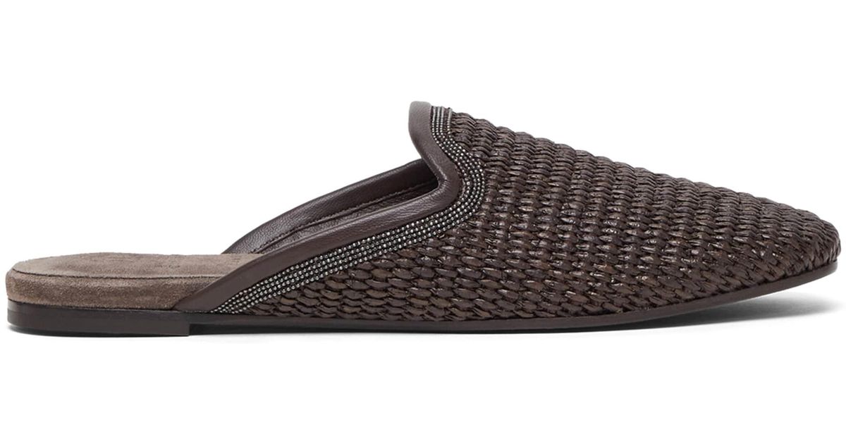 Brunello Cucinelli Techno-Raffia Embellished Slides in Brown | Lyst
