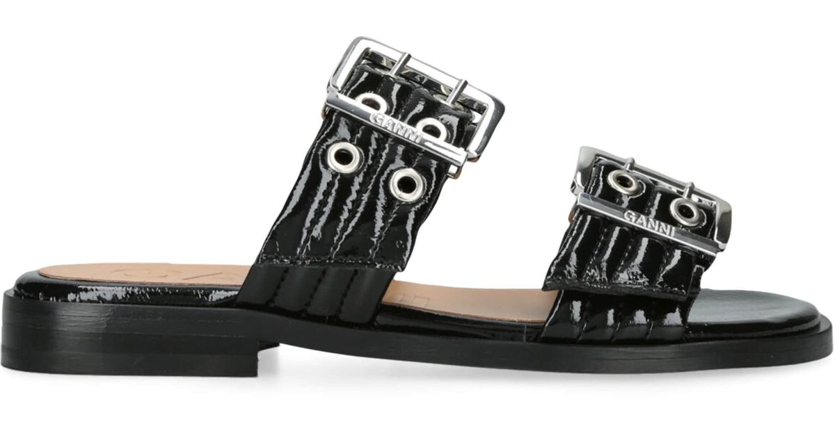 Ganni Leather Buckle Slides in Black | Lyst