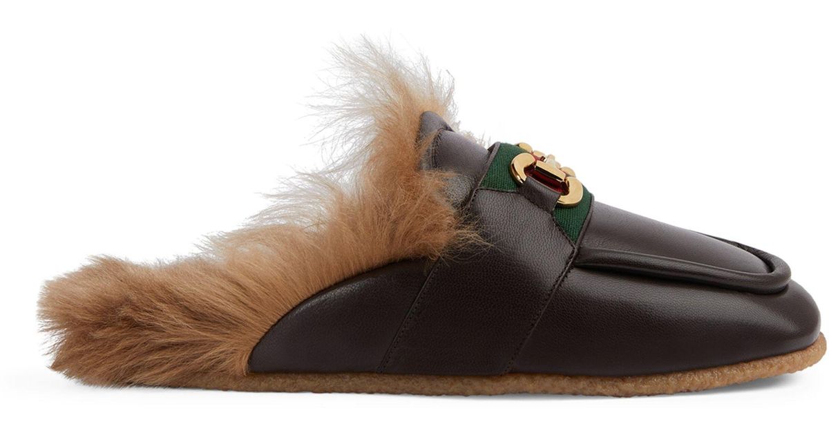 Gucci Wool-lined Horsebit Slippers in Brown for Men | Lyst UK