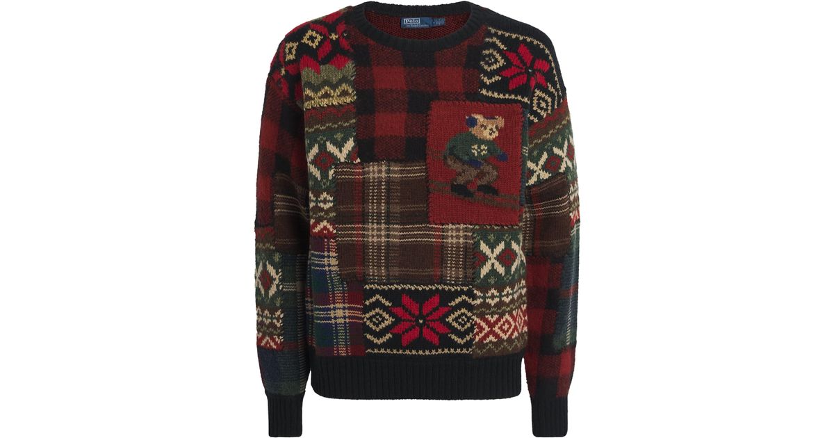 Polo Ralph Lauren Wool Patchwork Polo Bear Sweater in Black for Men ...