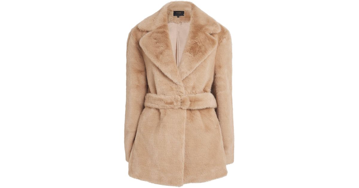 Maje Faux Fur Belted Coat in Natural | Lyst