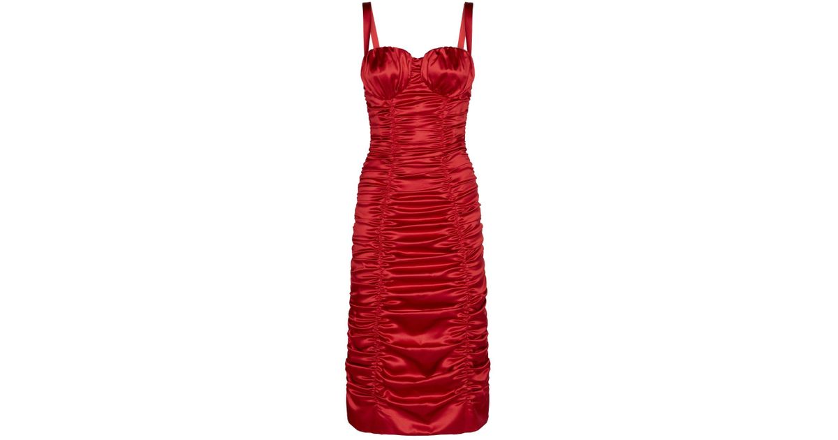 Dolce And Gabbana Ruched Silk Blend Satin Midi Dress In Red Lyst