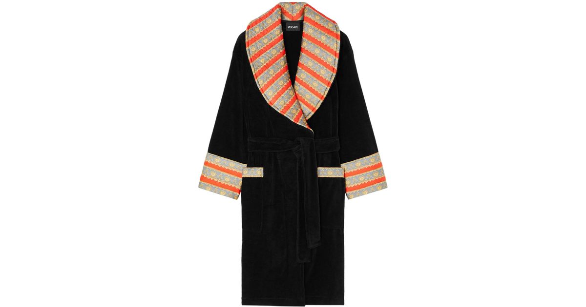 Versace Satin-Trim Terry Robe in Black | Lyst UK
