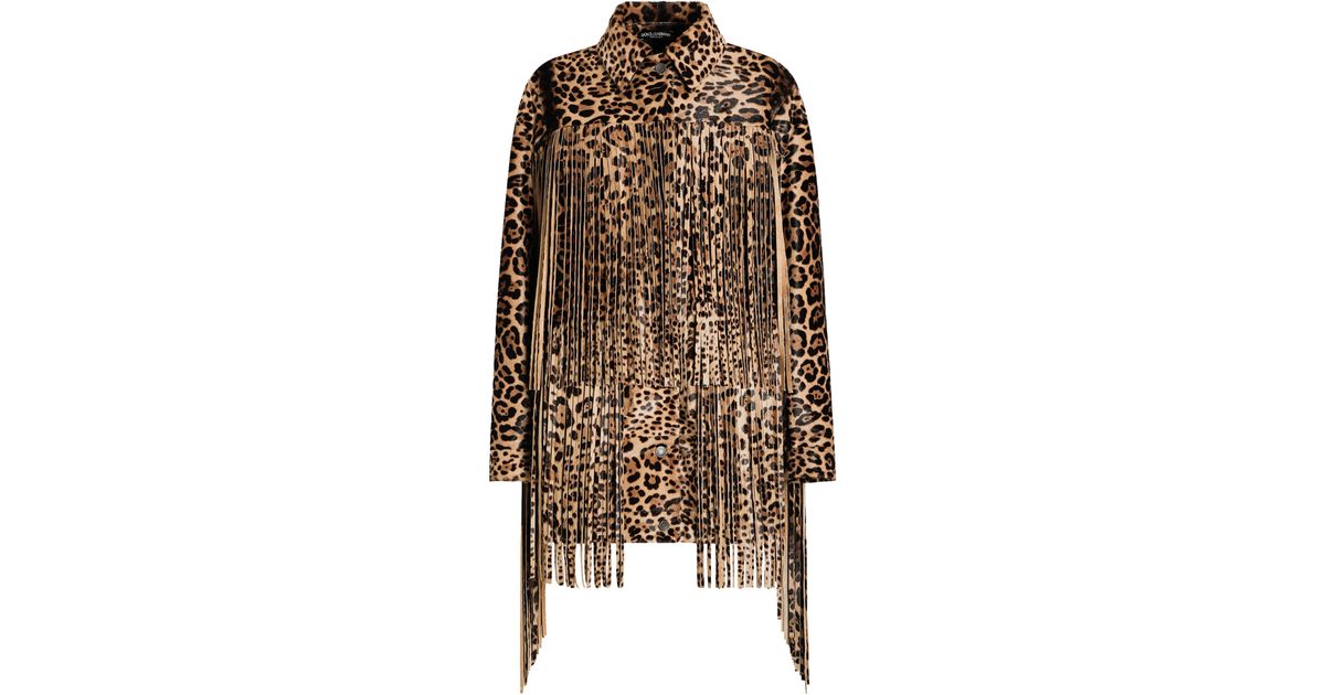 Dolce & Gabbana Leopard Print Fringe Leather Jacket in Brown | Lyst