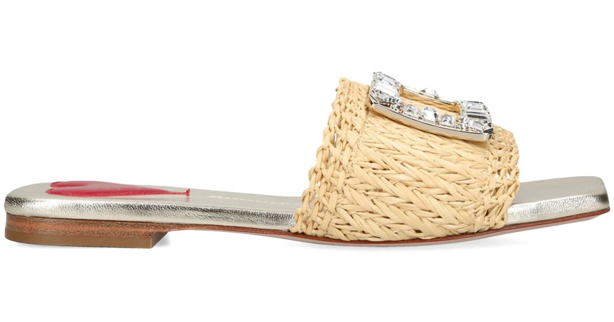 Roger Vivier Raffia Strass Buckle Mules in Natural | Lyst