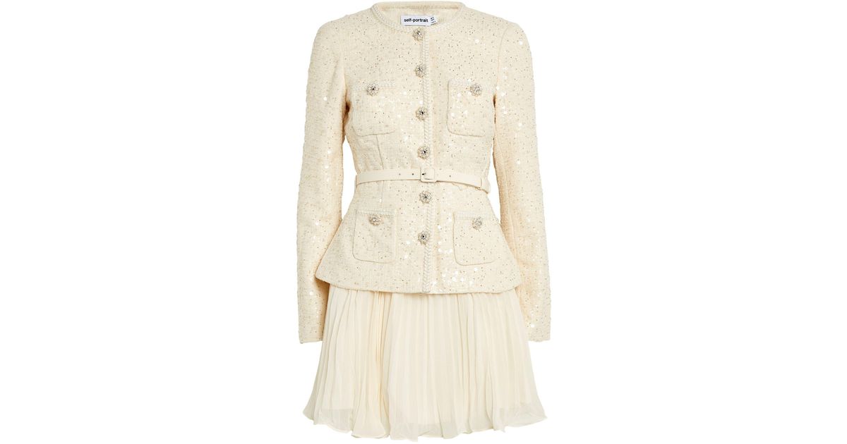 Self-Portrait Bouclé Sequinned Mini Dress in Natural | Lyst