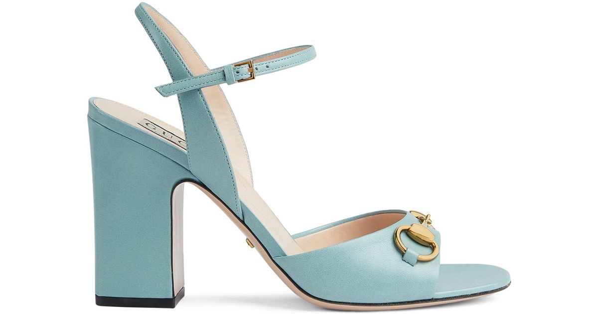 Gucci Leather Horsebit Heeled Sandals in Blue | Lyst