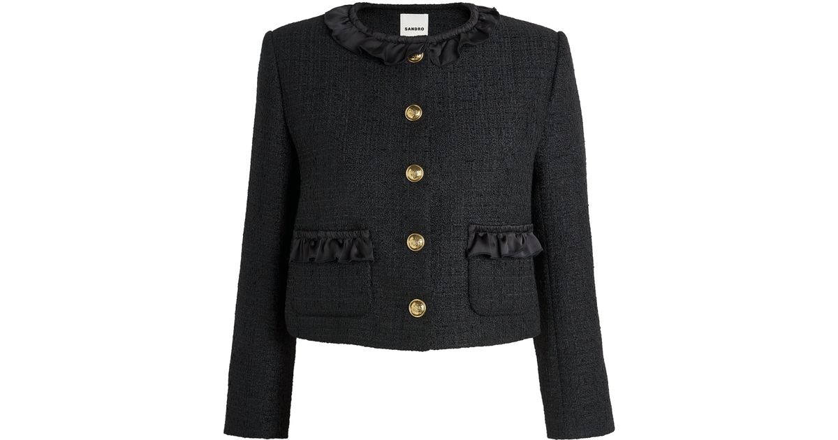 Sandro Tweed Ruffled Jacket in Black | Lyst