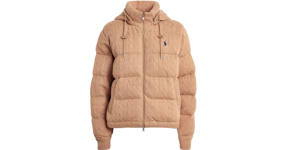 Polo Ralph Lauren Wool-Cashmere Cable-Knit Puffer Jacket in Brown | Lyst UK