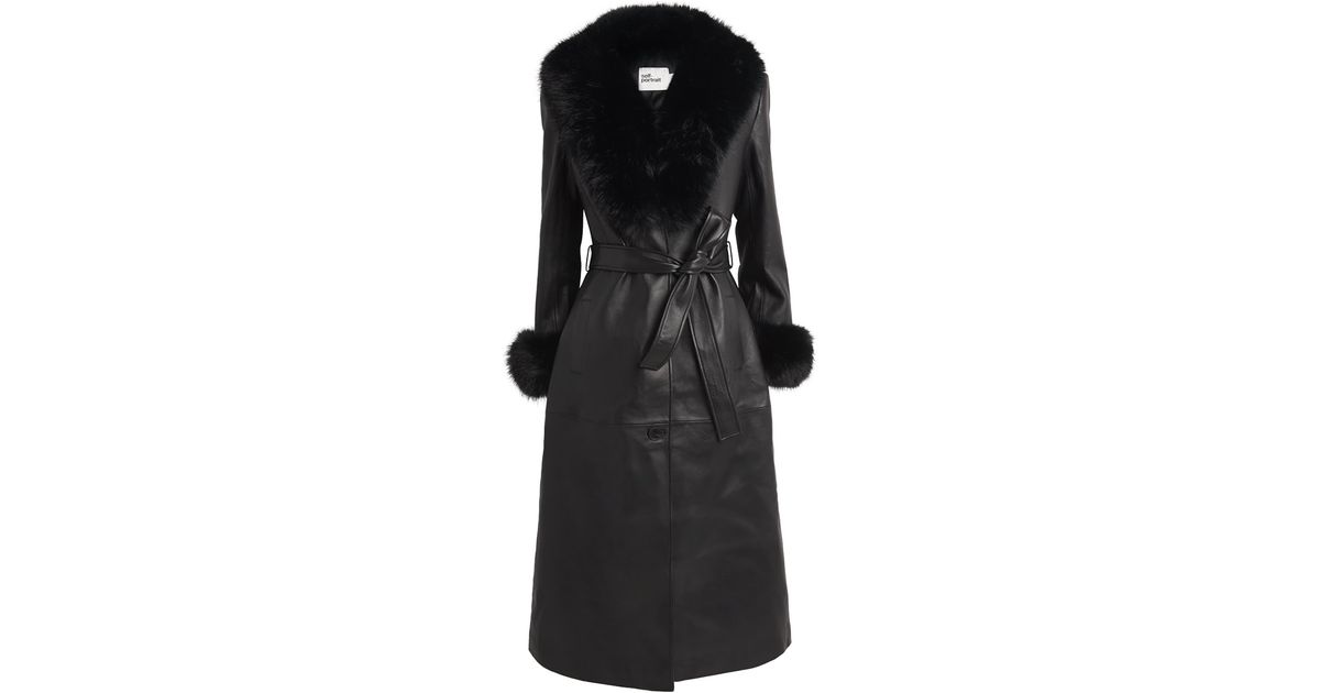 Self-Portrait Leather Faux Fur-Trim Coat in Black | Lyst
