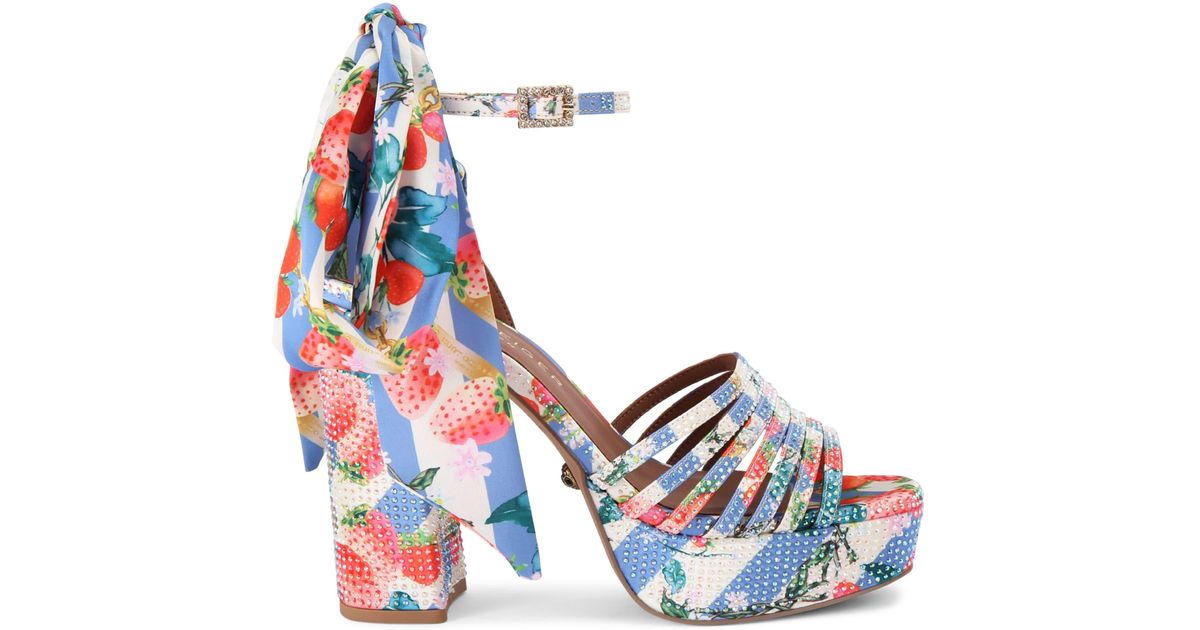 Kurt Geiger Satin Printed Pierra Platform Sandals in Blue | Lyst