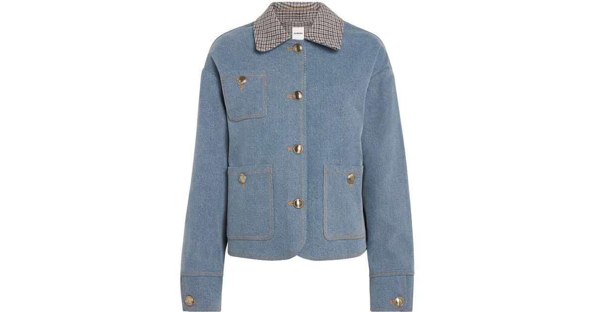 Sandro Denim Check-Trim Jacket in Blue | Lyst
