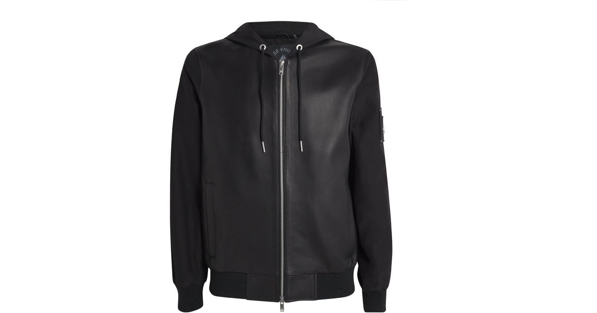 Moose Knuckles Leather Hooded Bomber Jacket in Black for Men | Lyst