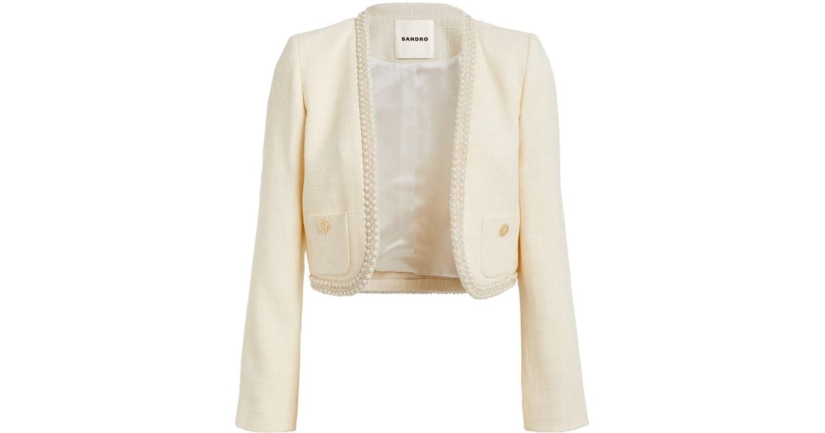 Sandro Tweed Beaded Cropped Jacket in White | Lyst