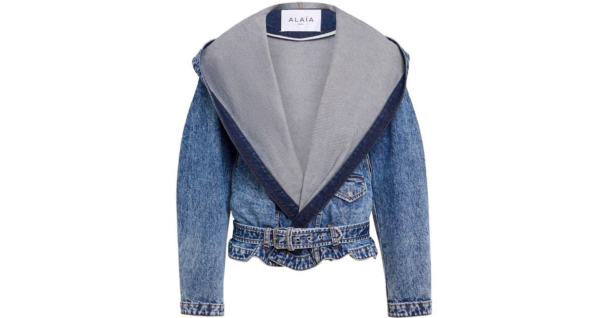 Alaïa Denim Hooded Biker Jacket in Blue | Lyst
