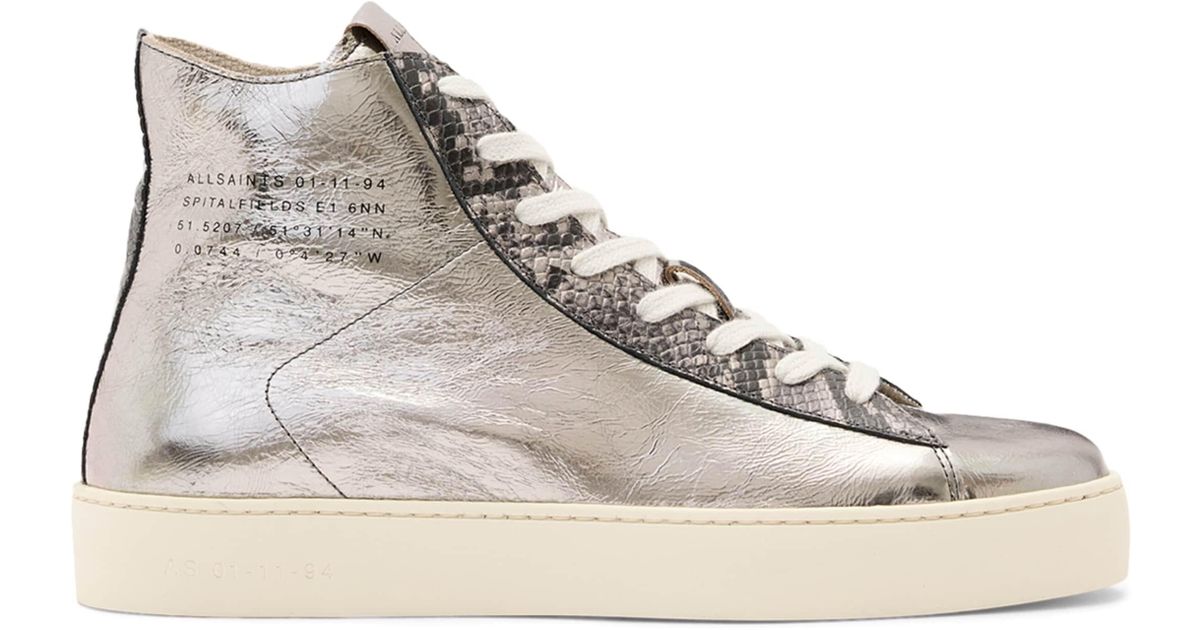 AllSaints Leather Tana Metallic High-Top Sneakers in Natural | Lyst