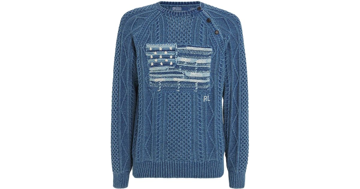 Polo Ralph Lauren Cotton Aran-Knit Flag Sweater in Blue for Men | Lyst