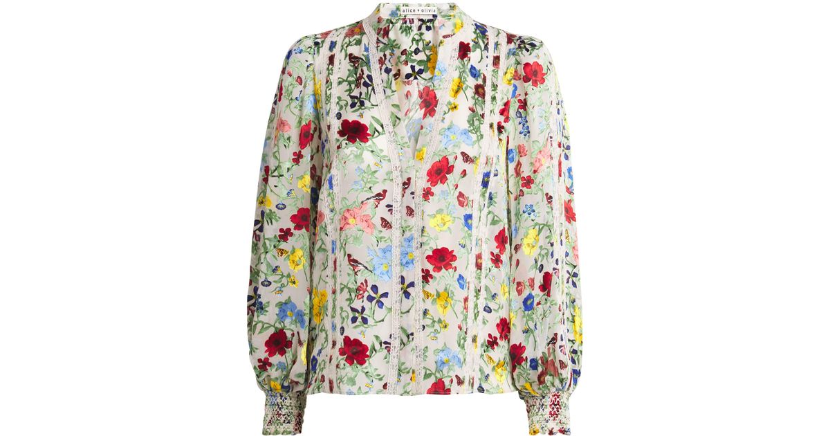 Alice + Olivia Silk-Blend Floral Arlette Blouse in White | Lyst
