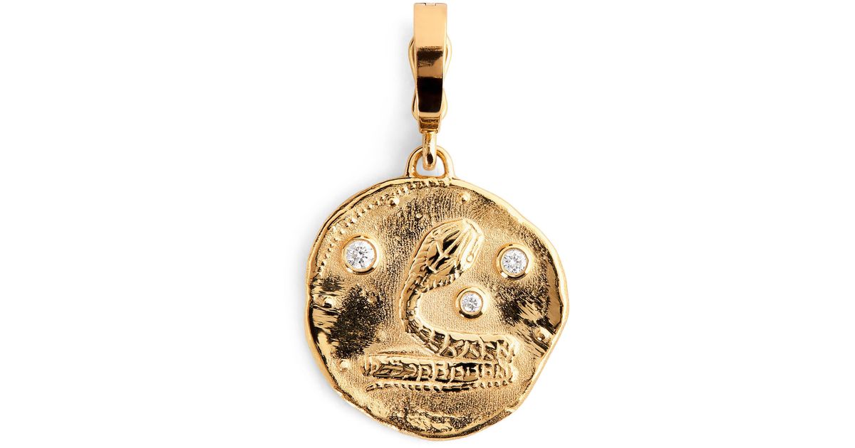 Azlee Small And Diamond Snake Coin Charm in Metallic | Lyst UK