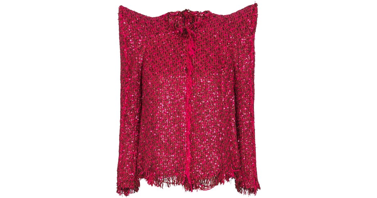 Balmain Tweed Sequin-Embellished Jacket in Red | Lyst UK