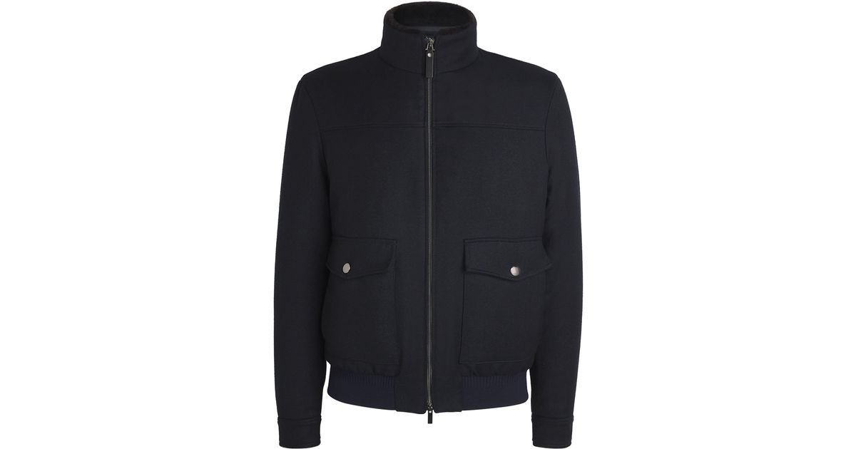 Canali Wool-Blend Shearling-Collar Bomber Jacket in Blue for Men | Lyst UK