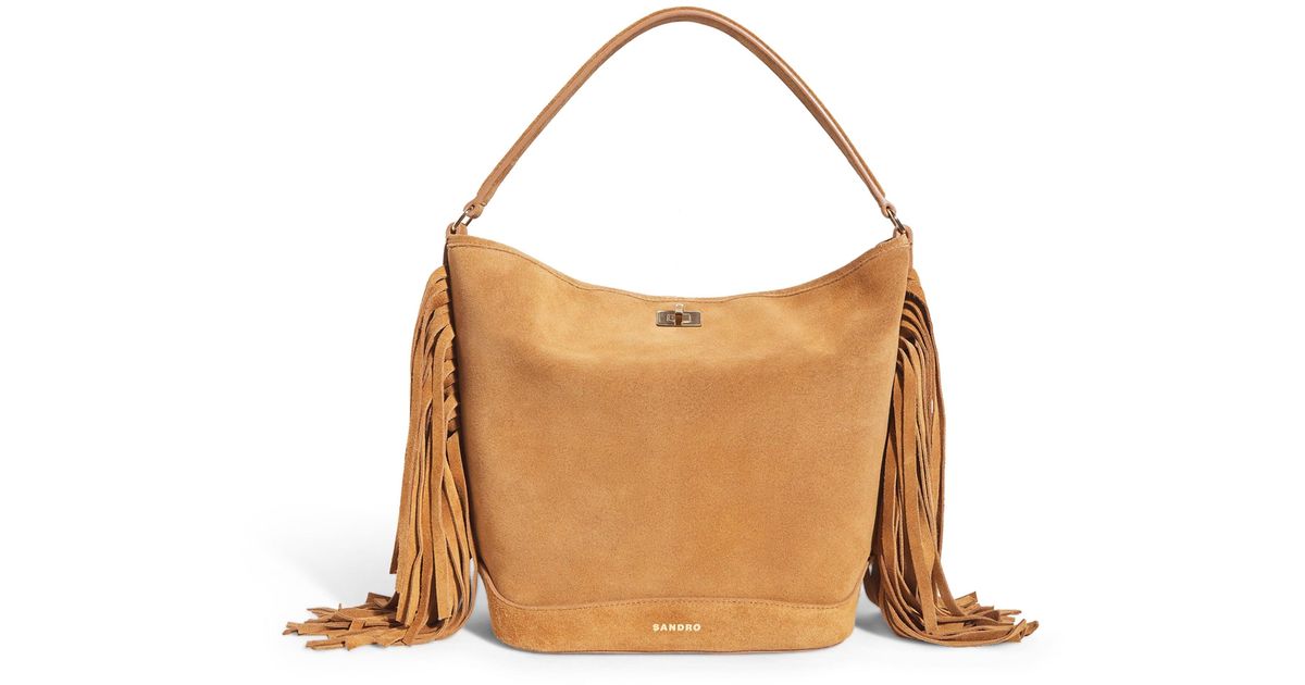 Sandro Suede Tangoso Bucket Bag in Brown | Lyst UK