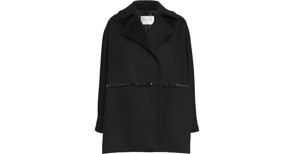 Max Mara Camel Hair Embellished Coat in Black | Lyst