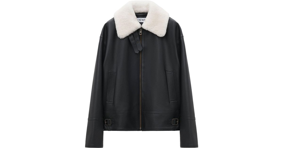 Loewe Leather Shearling-Collar Aviator Jacket in Black for Men | Lyst